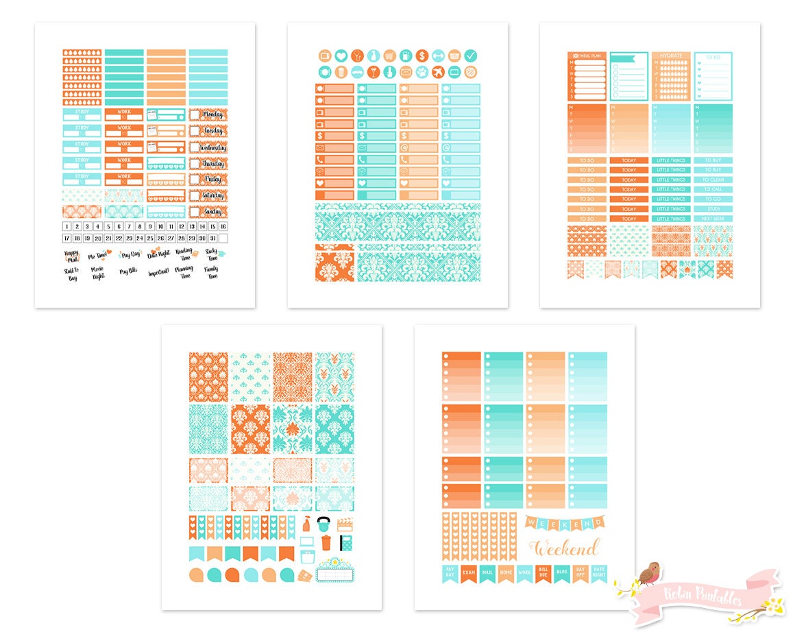 Orange and Aqua Blue Damask Printable Weekly Planner Stickers | Etsy