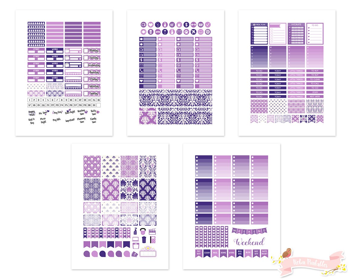Purple Damask Printable Weekly Planner Stickers for Erin | Etsy