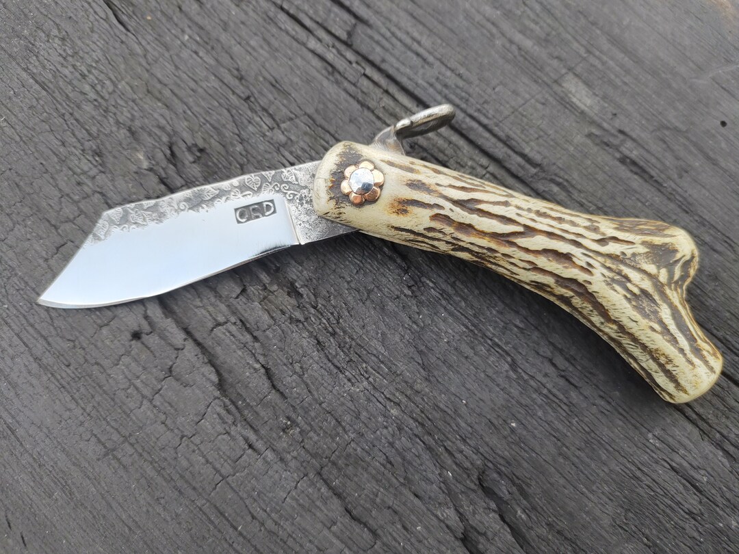 Friction Folding Knife With Roe Deer Antler Handle and Forged Silver ...