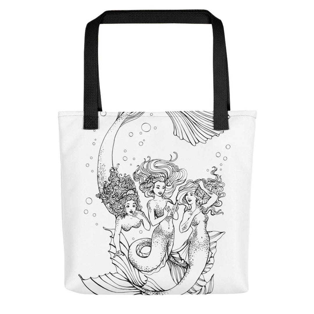 Mermaid Line Art Tote Bag: Polyester Book Bag - Etsy