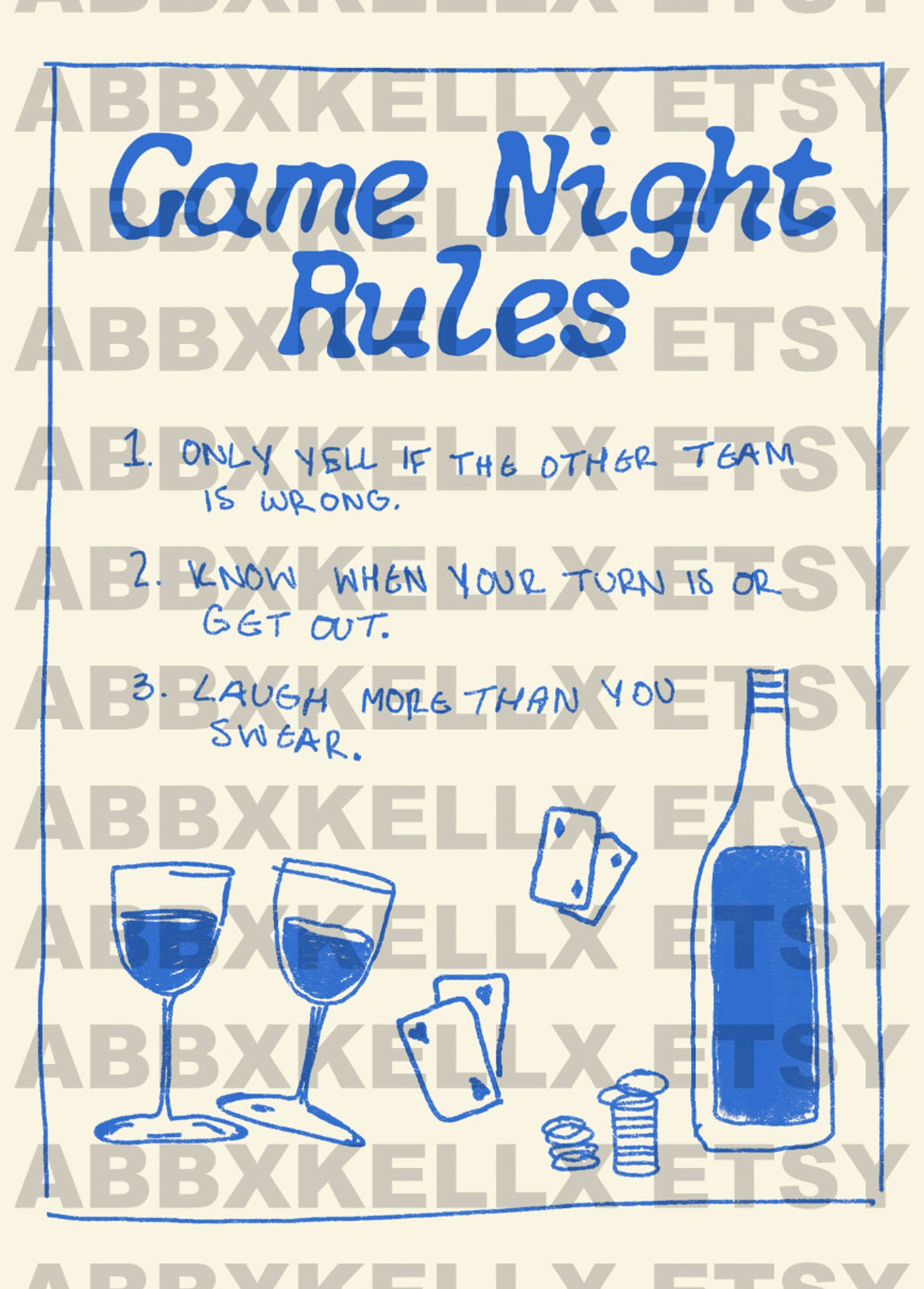Retro Wall Art, Game Night Rules Doodle Print, Crayon Sketch Print ...