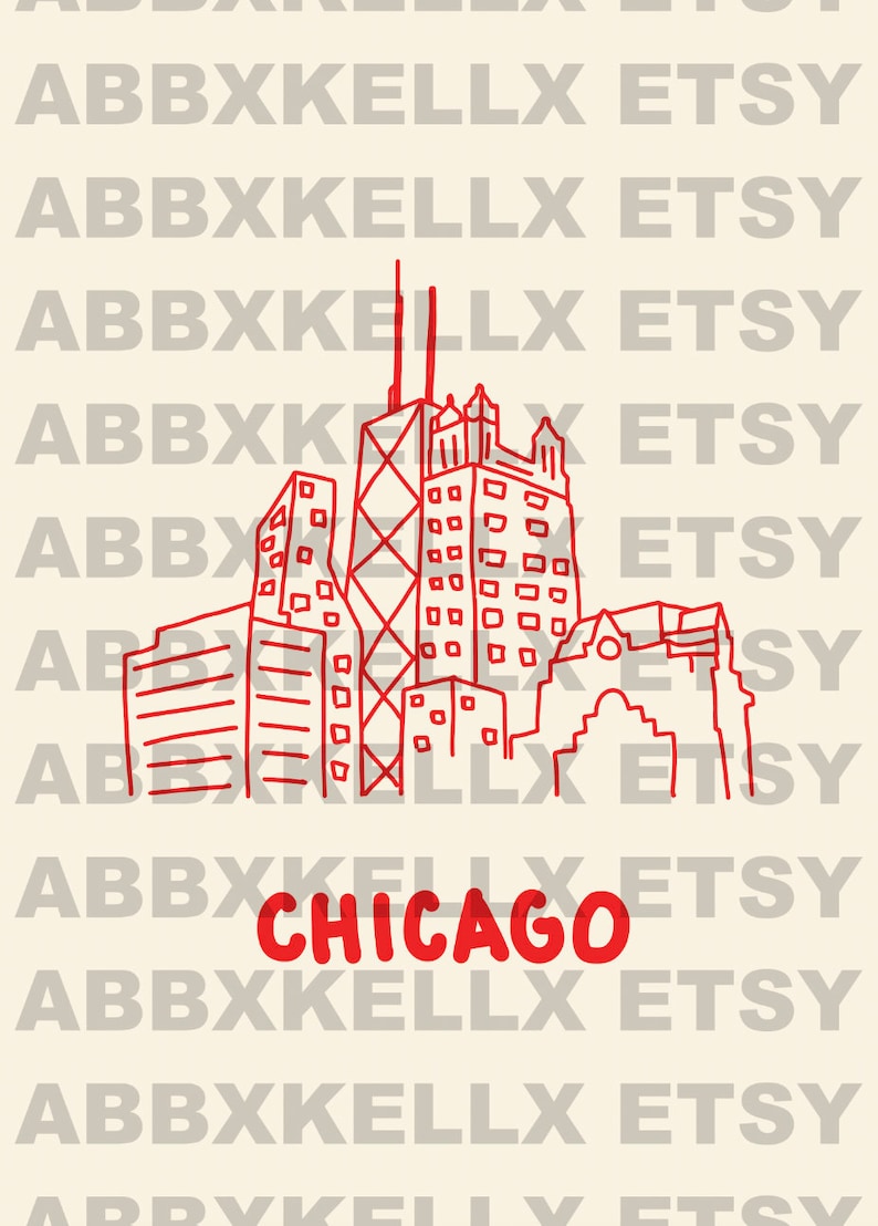 Chicago Wall Art, Chicago Doodle Print, Chicago Sketch Print, Digital ...