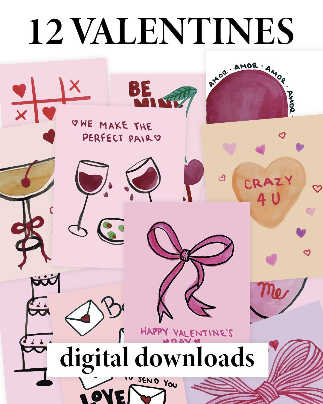 Painted Valentines Cards, 12 Digital Download Cards, Valentines Cards ...