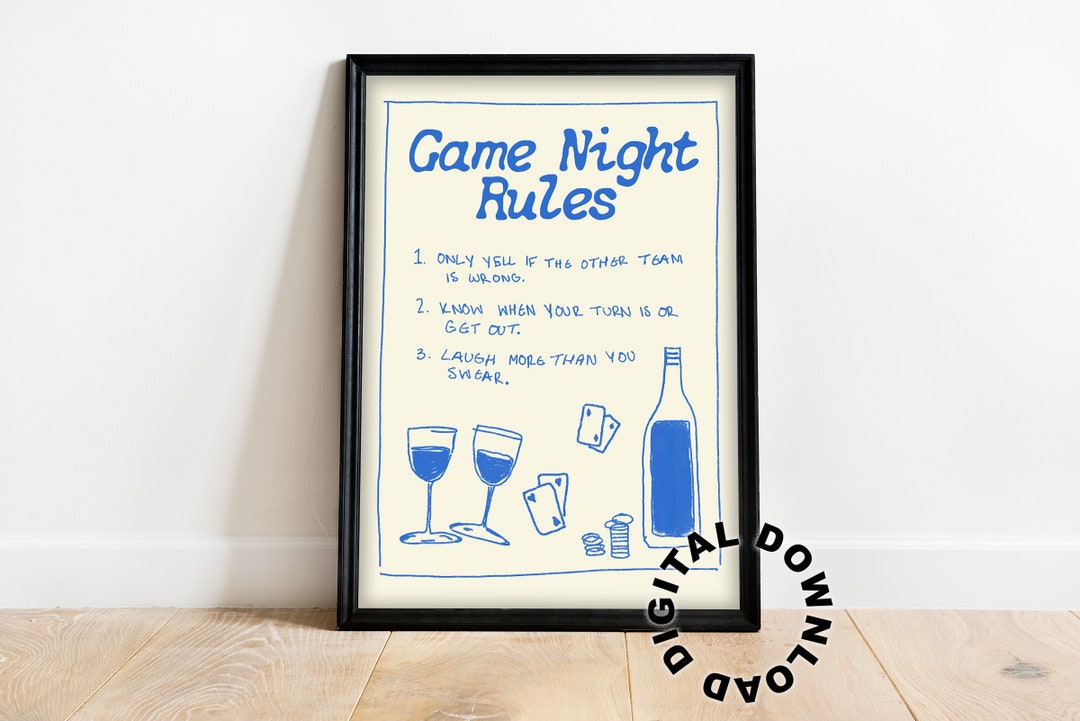 Retro Wall Art, Game Night Rules Doodle Print, Crayon Sketch Print ...