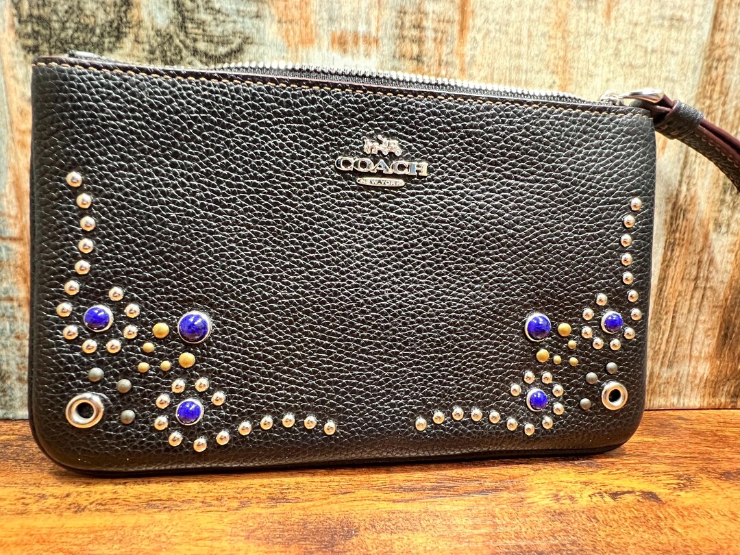 Studded COACH Leather Wristlet - Bronze, Silver & Blue Accents - Etsy