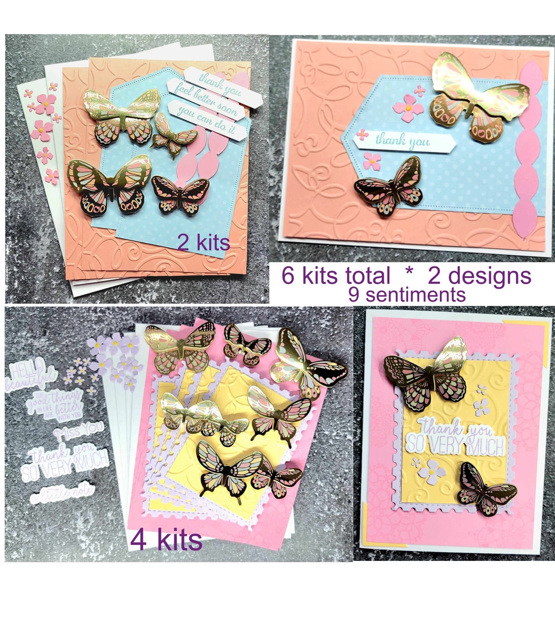 6 Butterfly 3D Stampin' up Card Kits DSP Gold Foil Flowers Miss You ...