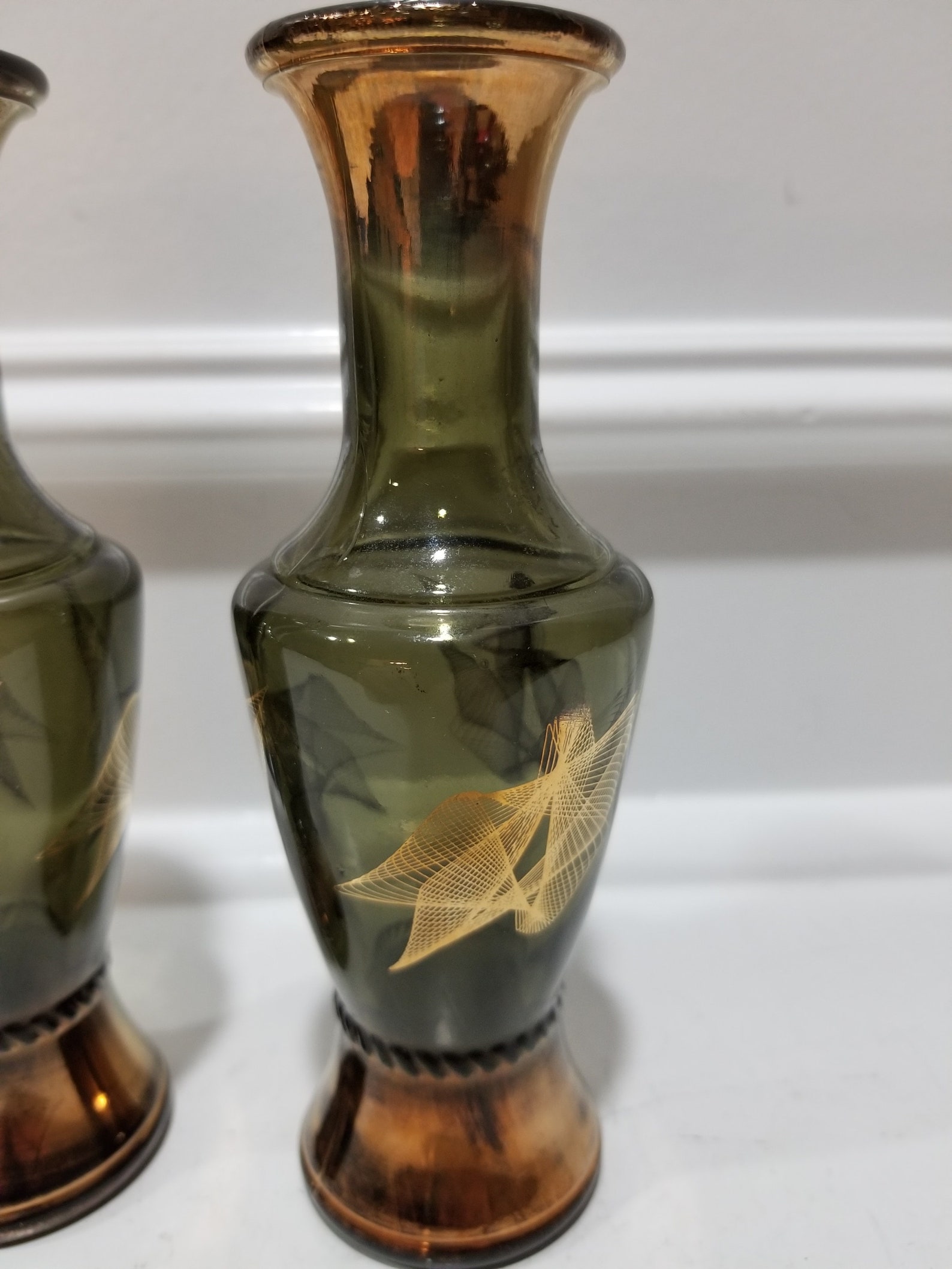 Vintage 1960's Decorative Green Gold Etching Wheatonware Glass Vase ...