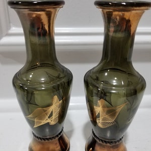 Vintage 1960's Decorative Green Gold Etching Wheatonware Glass Vase ...