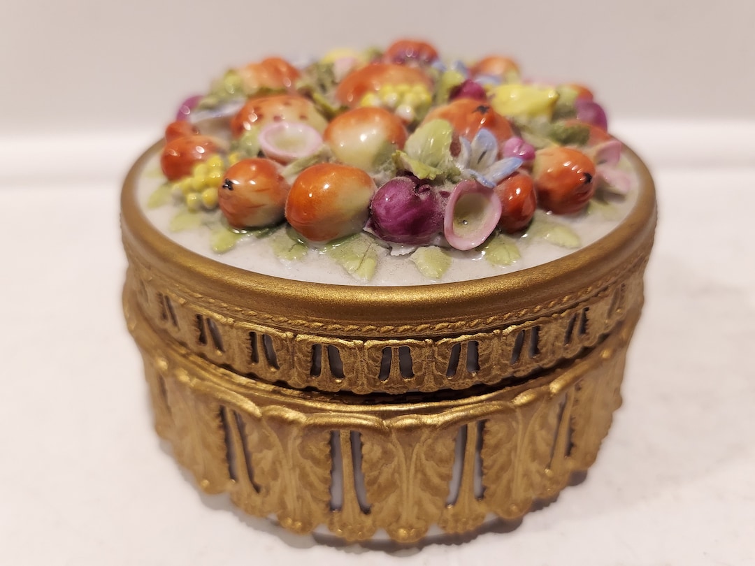 German Porcelain Box - Flowers and Fruits in Relief Decor Box - Made in ...