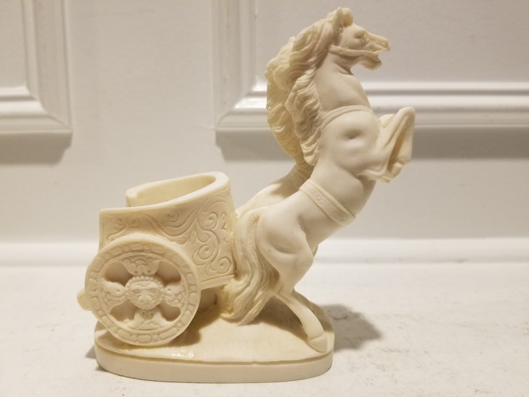Antique Ivory Stone Roman Chariot - Horses Cart Sculpture - Made in ...