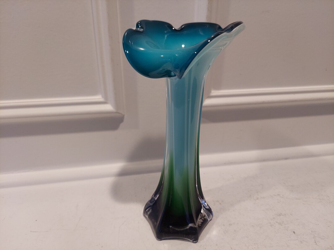 Murano Style Glass Leaf Top Vase - Jack in the Pulpit Green, Blue and ...