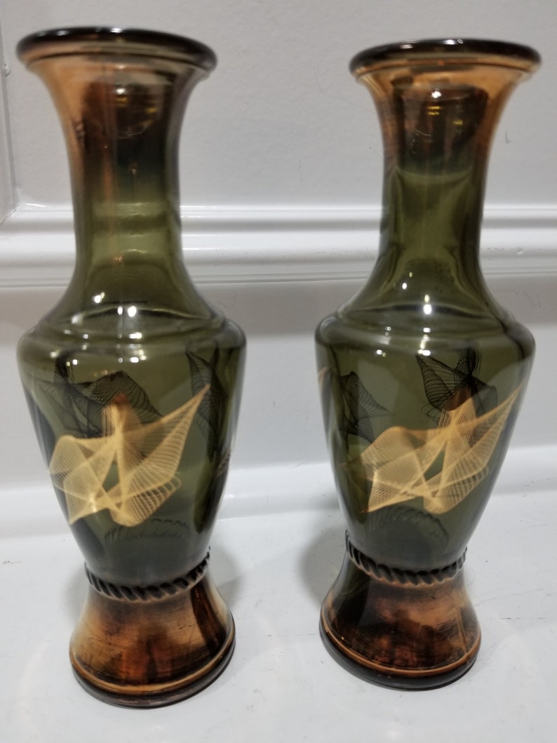 Vintage 1960's Decorative Green Gold Etching Wheatonware Glass Vase ...