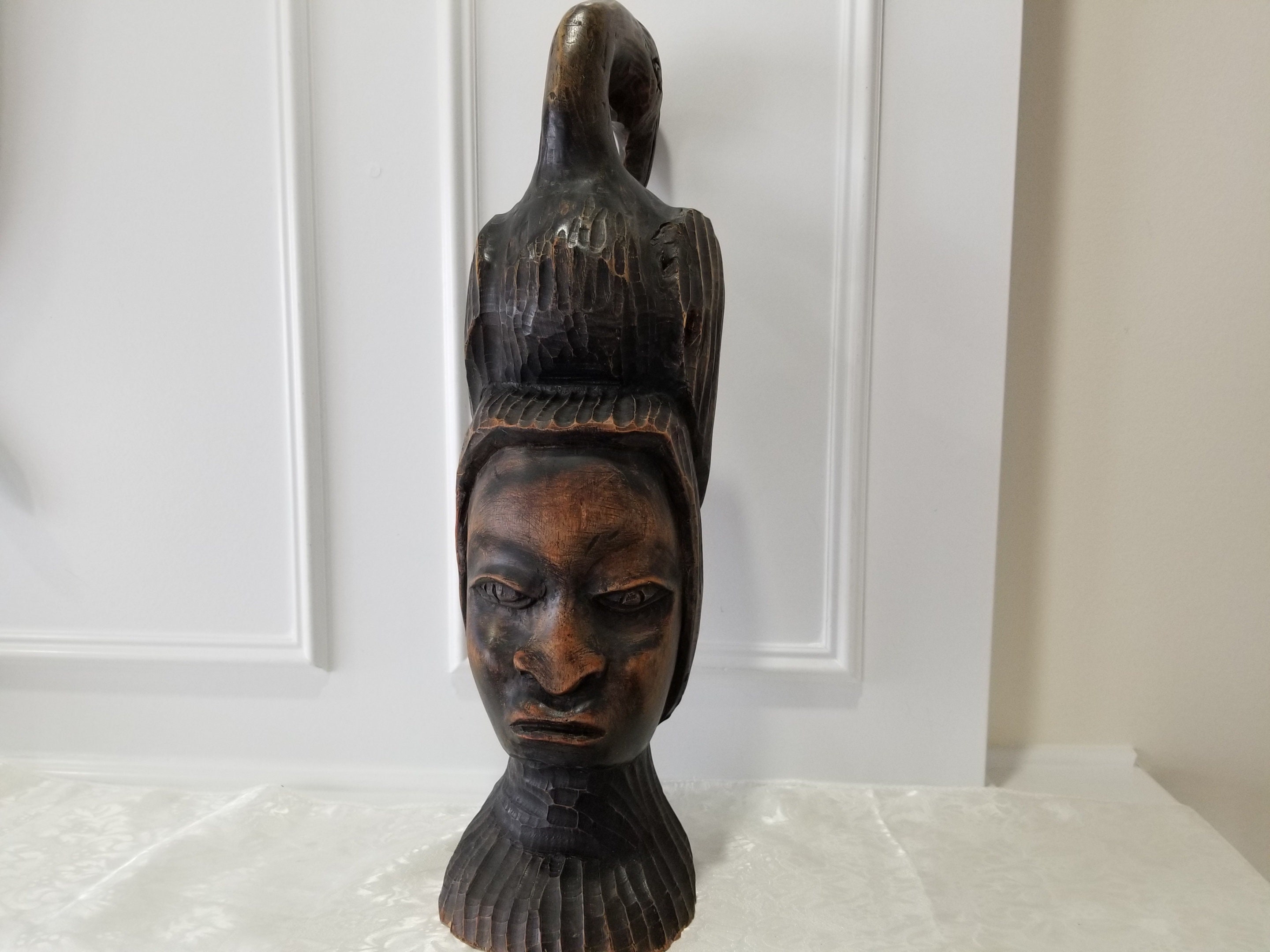 Wood Carving Sculpture - Head With Bird - 21 Inches High - Etsy