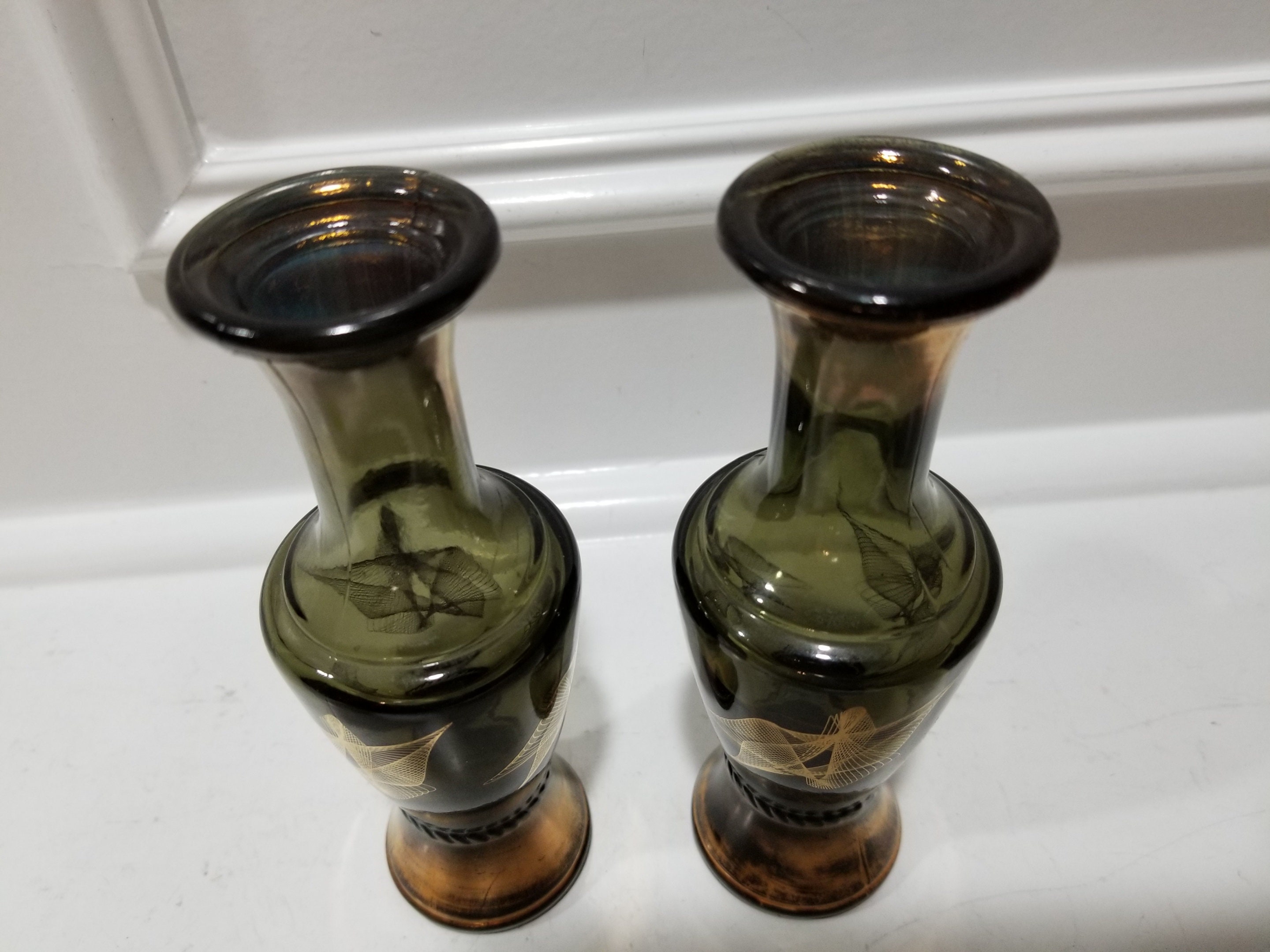 Vintage 1960's Decorative Green Gold Etching Wheatonware Glass Vase ...