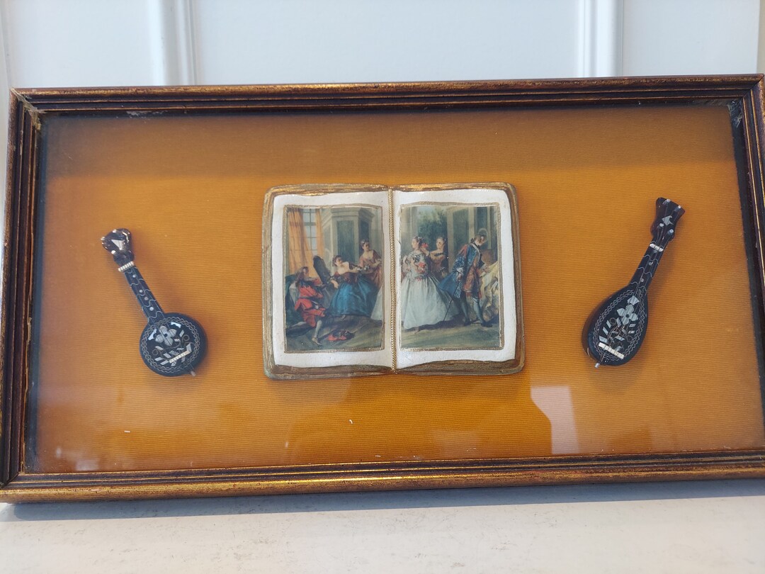 Unique Framed Ceramic/porcelain Display - Old Book and Mandolins Wall ...