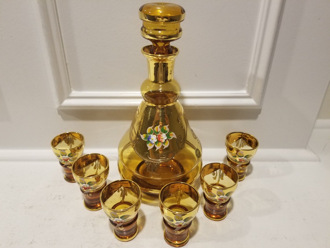 Venetian Murano Liquor Set Decanter and 6 Glasses Enamel and | Etsy
