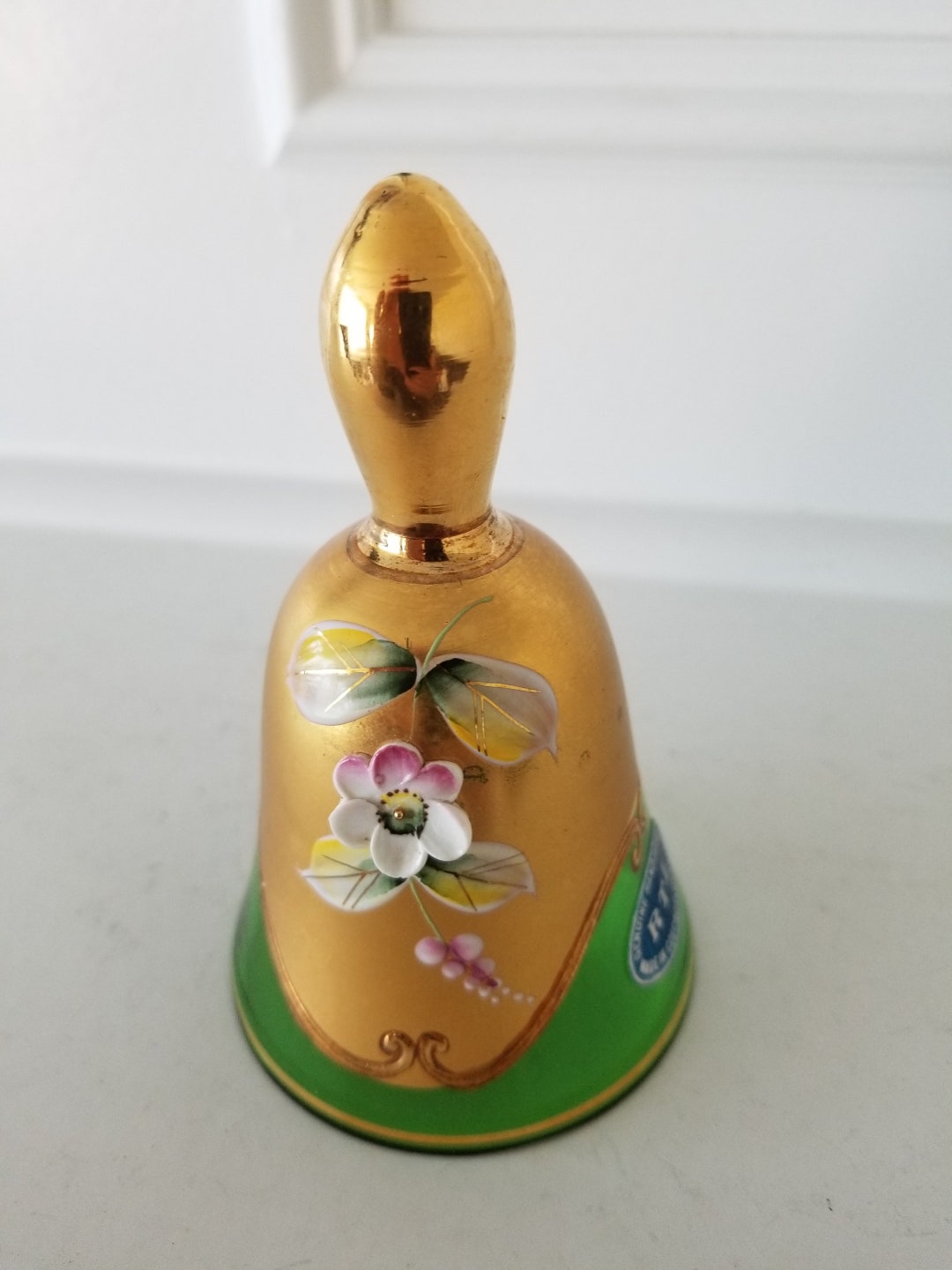 Bohemian Green Glass Bell - Genuine Hand Decorated - Gold and Enameled ...