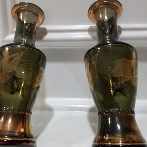 Vintage 1960's Decorative Green Gold Etching Wheatonware Glass Vase ...