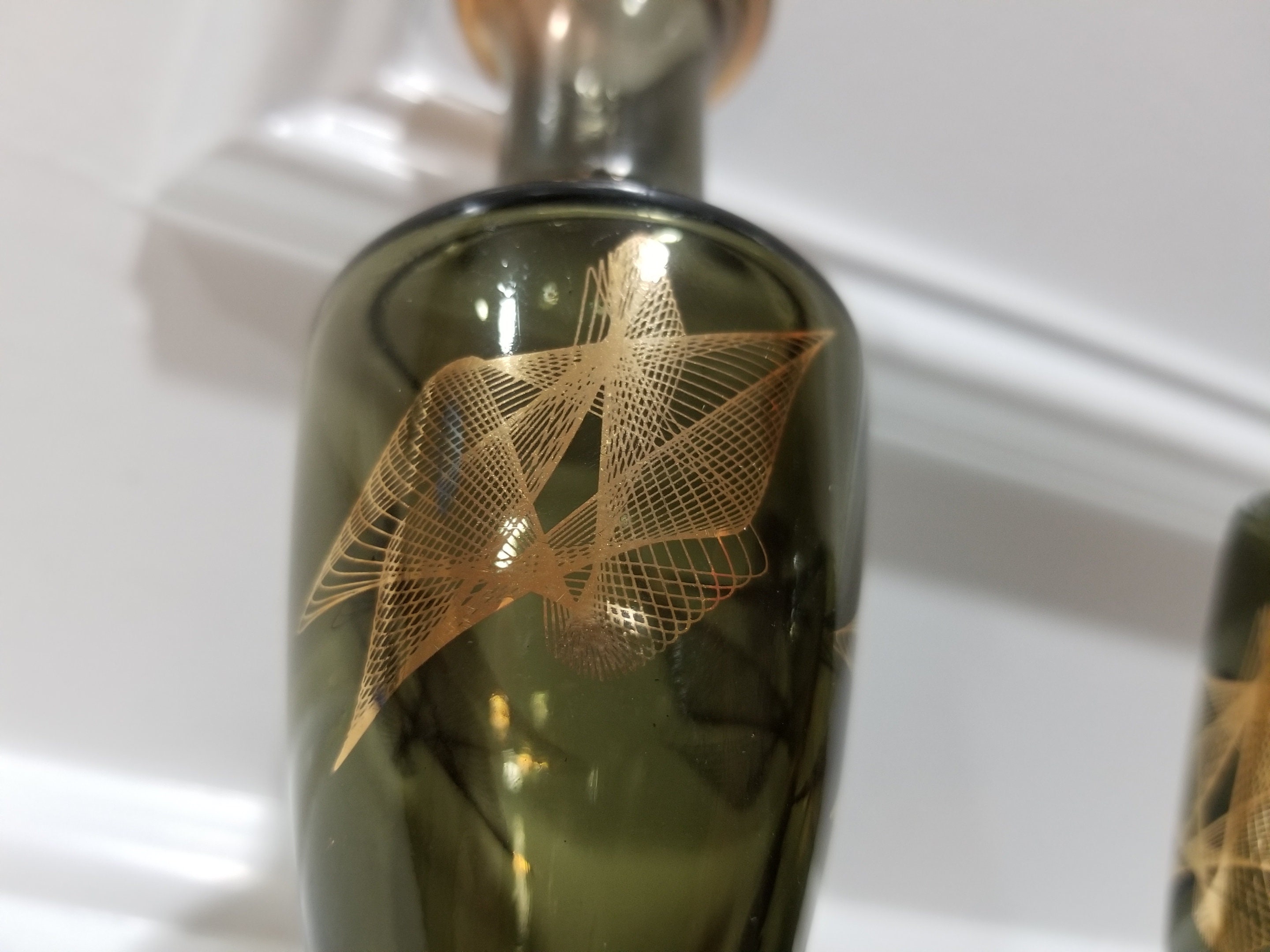 Vintage 1960's Decorative Green Gold Etching Wheatonware Glass Vase ...