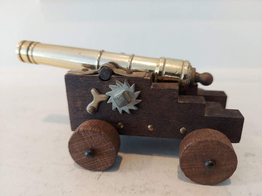 Metal Adjustable Cannon With Spring on Wood Base - Collectible Cannon ...