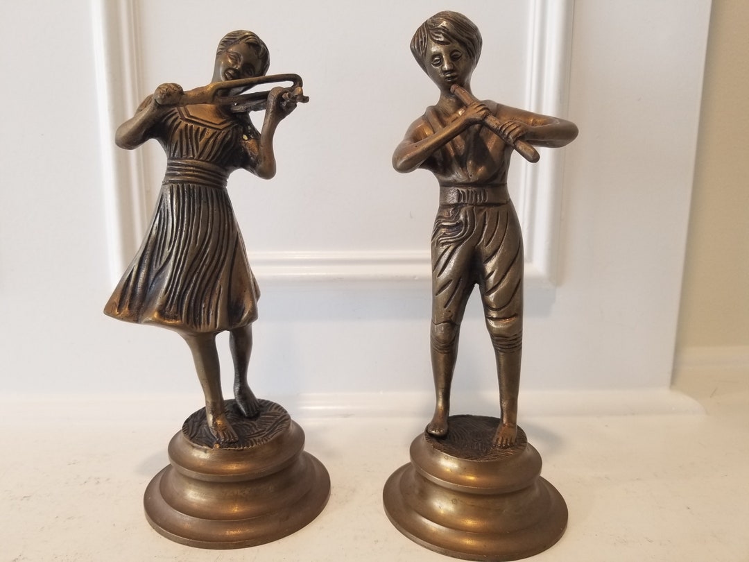 Antique Pair of Brass Sculptures - 9 3/4 Inches High - Brass Musicians ...