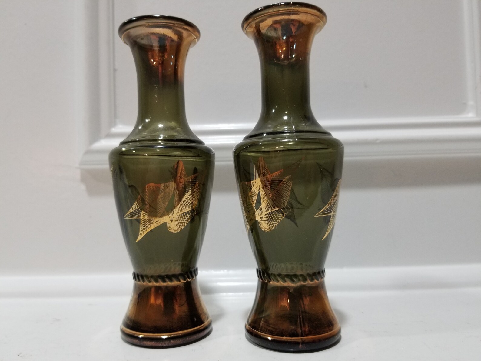 Vintage 1960's Decorative Green Gold Etching Wheatonware Glass Vase ...