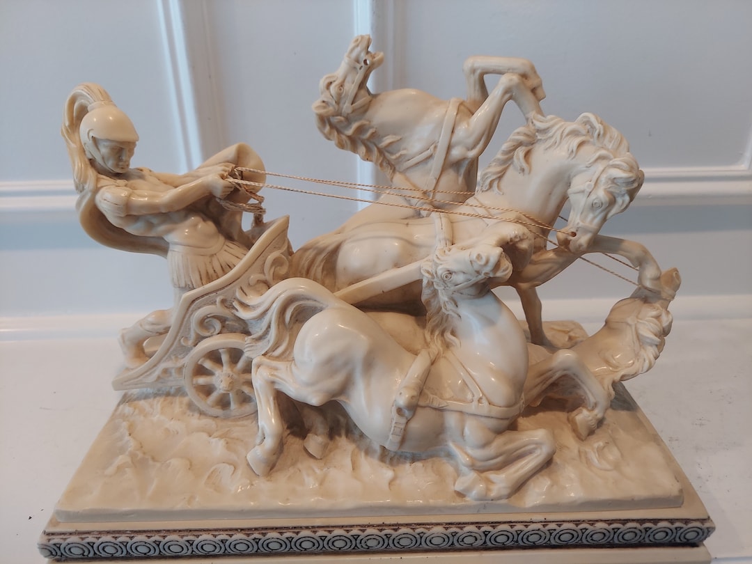 Antique Ivory Stone Roman Chariot, Warrior & 4 Horses Cart Sculpture by ...