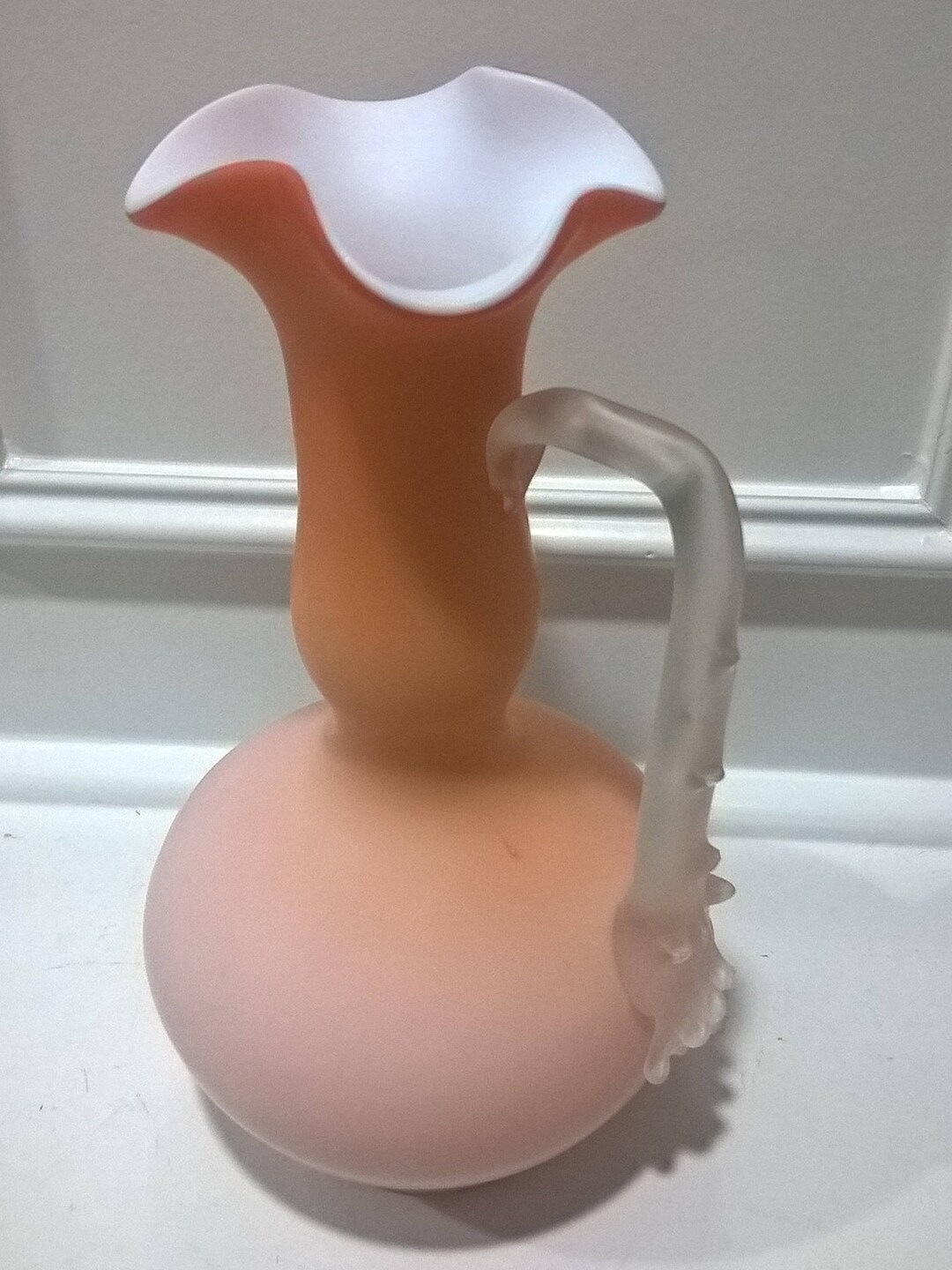 Victorian Peach Satin Art Glass Vase With Thorn Handles - Antique ...