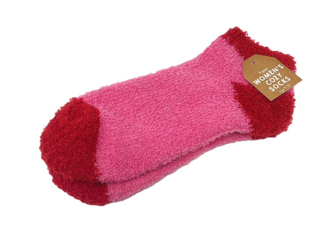 Cozy Women's Fuzzy Footie Socks - Pink & Red - Fits Shoe Sizes 9-11 ...