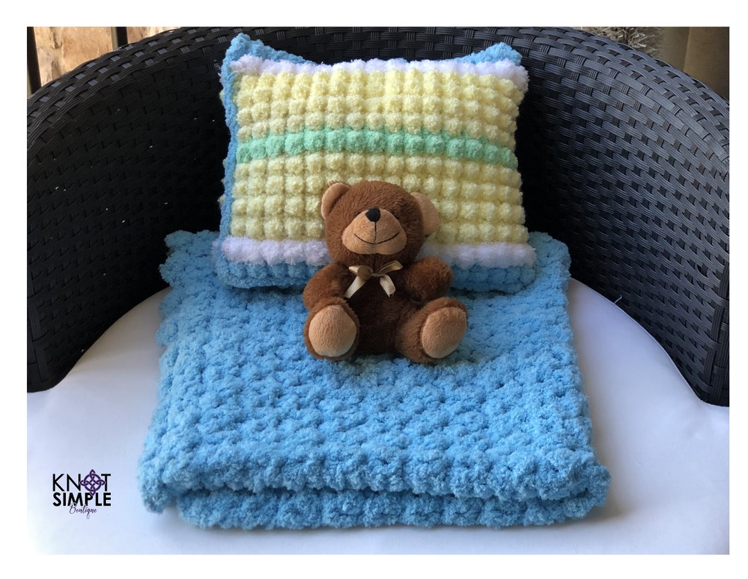 Baby Blue Crochet Baby Blanket Set Handmade Cozy Blanket and Pillow for ...