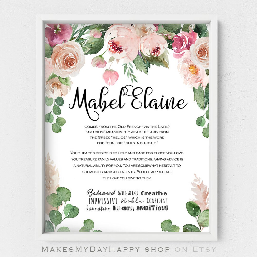 Personalized Name Meaning,name Origin Wall Art,mabel Elaine Name,custom ...