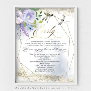 Everly Name Meaning,watercolor Dragonfly,personalized Gift,violet ...