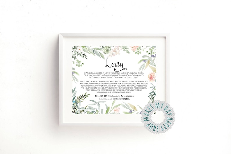 Lena Name Meaning Printable Wall Artgreen Leaf Personalized - Etsy