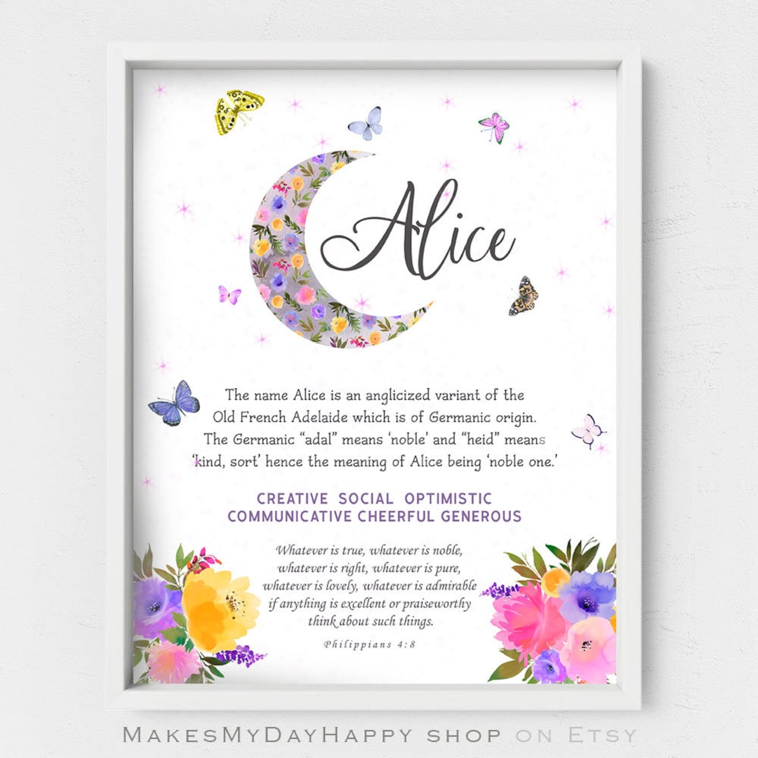Alice Name Meaning,purple Floral Moon,butterflies Poster,first Name ...
