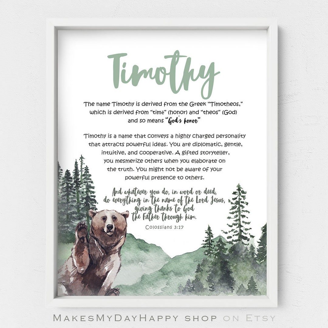 Timothy Name Meaning,bear Kids Room Poster,custom Biblical Meaning ...