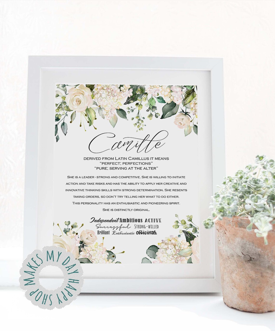 Camille Name Meaning Birthday Gift,white Cream Watercolor Roses,custom ...