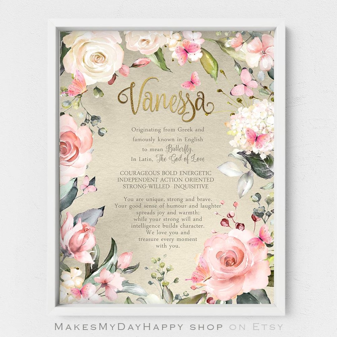 Vanessa Name Meaning,floral Name Wall Art,greek Origin of the Name,soft ...