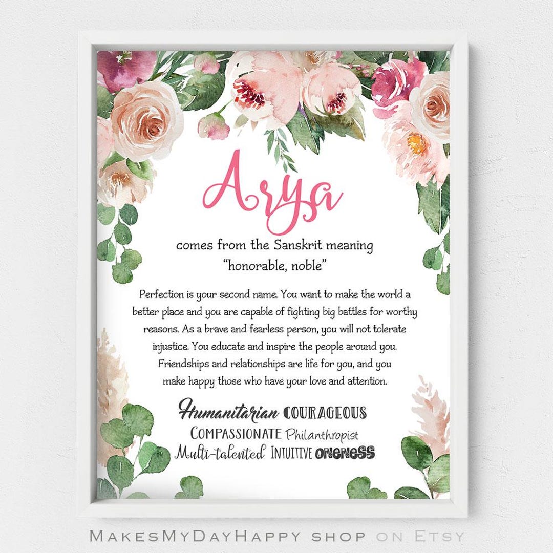 Arya Name Wall Art,personalized Name Meaning,blush Orange Floral,pink ...