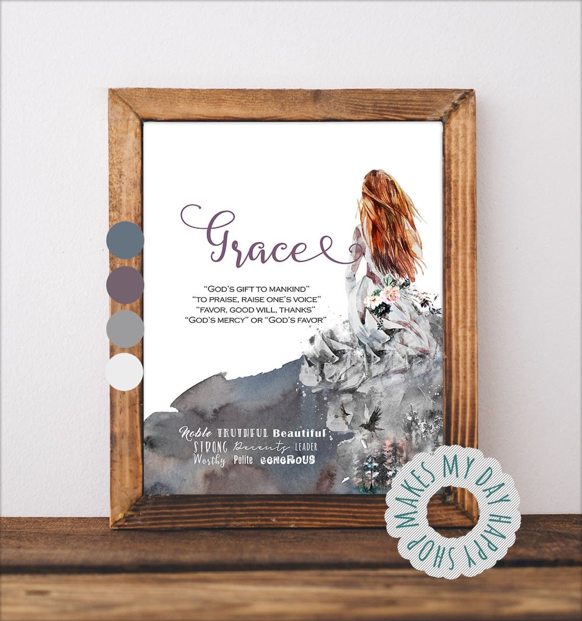 Custom Name Meaning Printable Wall Art,white Blush Nursery,gracie Name ...