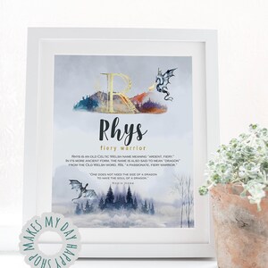 Dragon Kids Room Decor,rhys Custom Name Meaning,first Name Wall Art ...