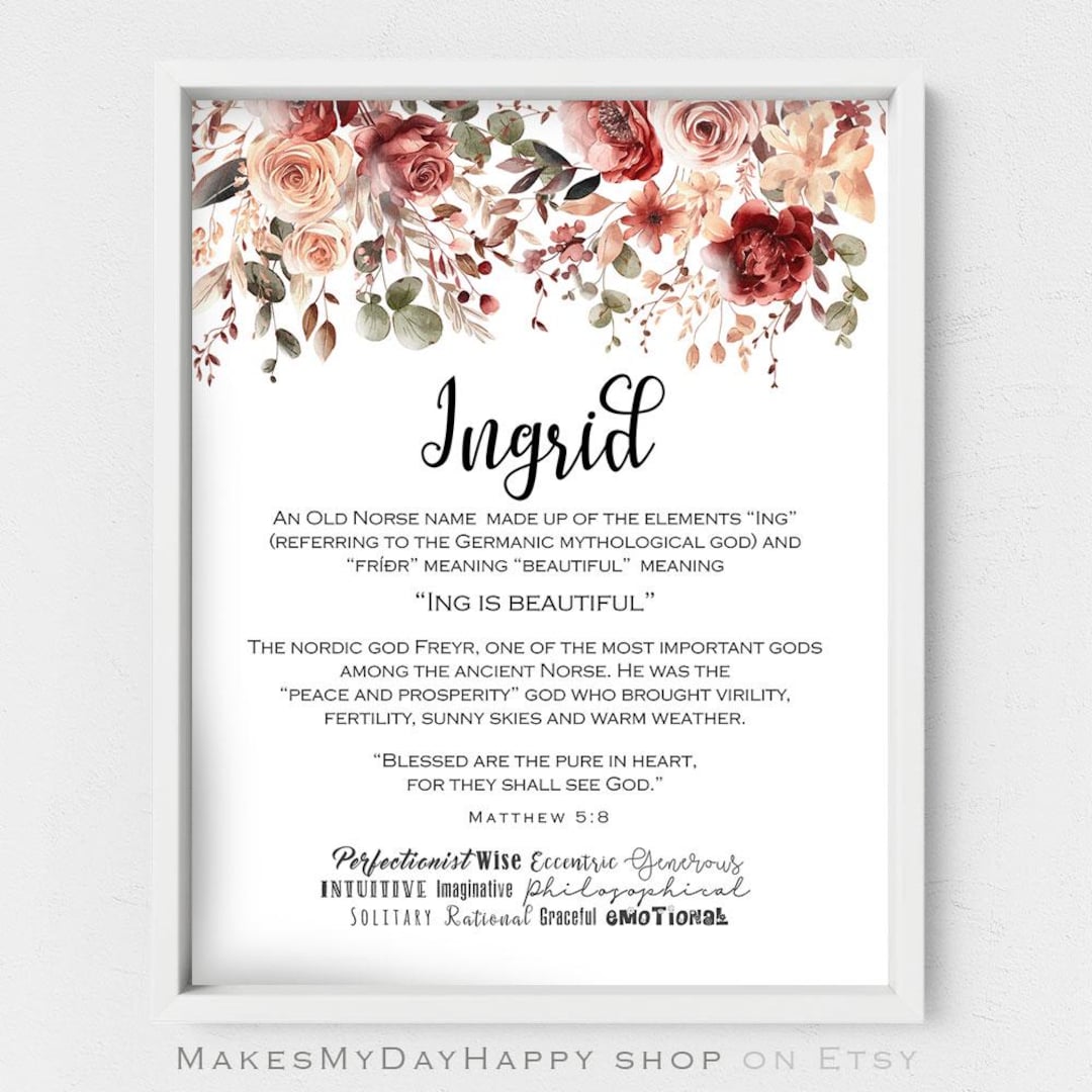 Ingrid Name Wall Art,personalized Name Meaning,red Roses Art,green Leaf ...