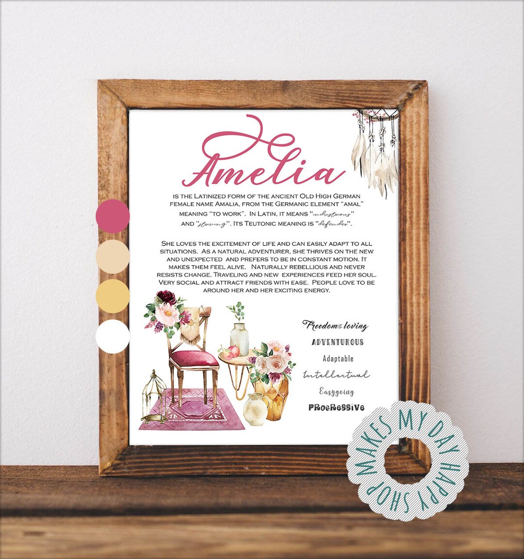 Amelia Personalized Name Meaning,bohemian Custom Print,custom Name ...