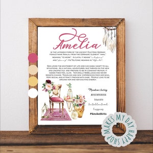 Amelia Personalized Name Meaning,bohemian Custom Print,custom Name ...