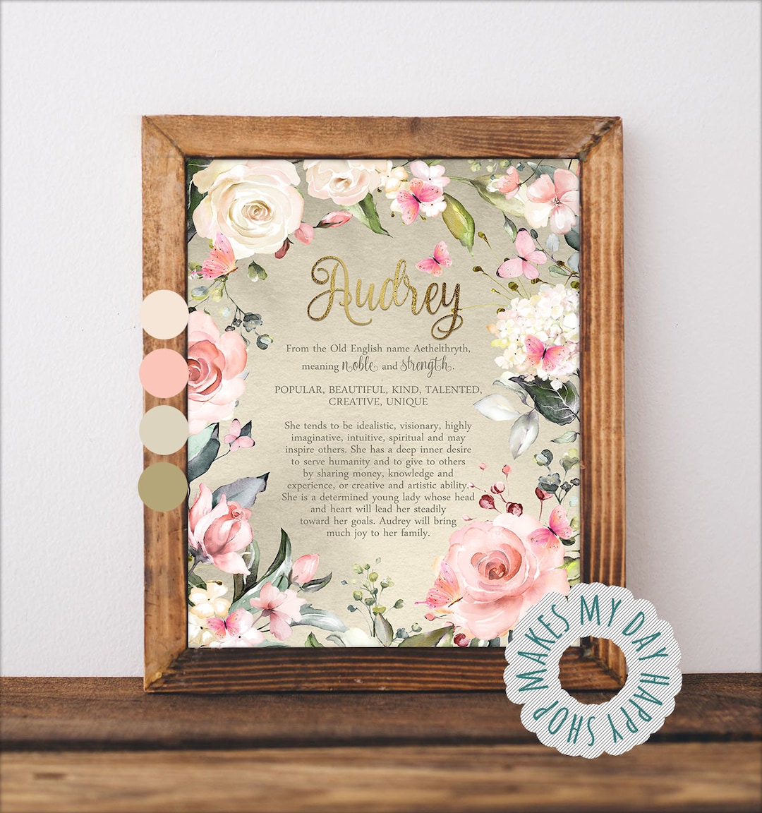 Custom Name Meaning Printable Art With Blush Pink Butterflies ...