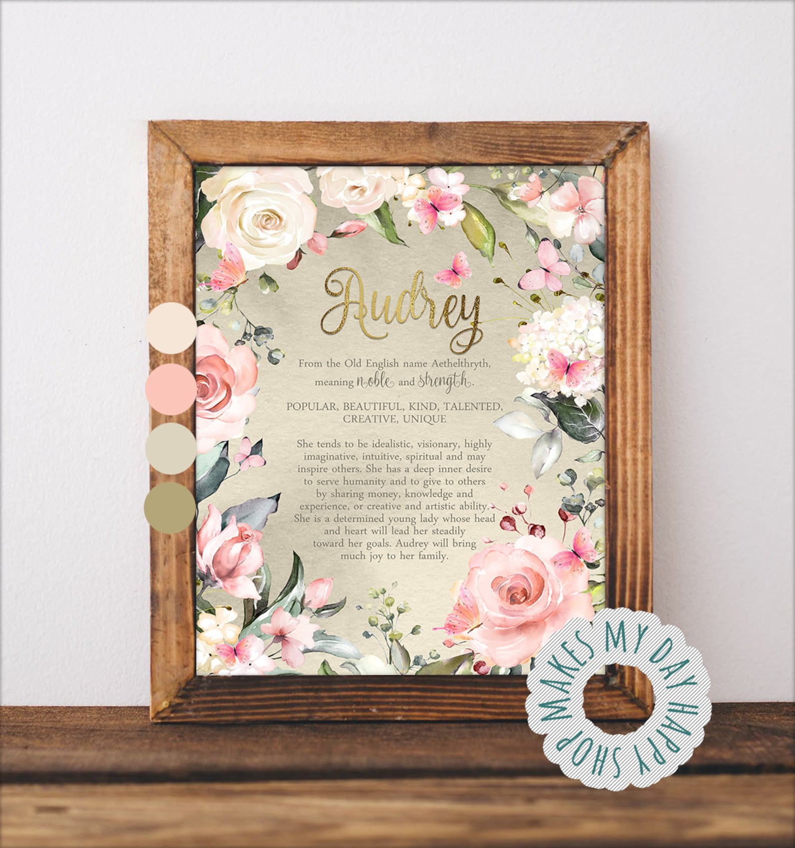 Custom Name Meaning Printable Art With Blush Pink Butterflies - Etsy