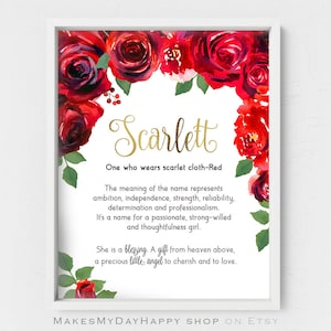 Scarlett Name Meaning,red Watercolor Roses,custom First Name Wall Art ...