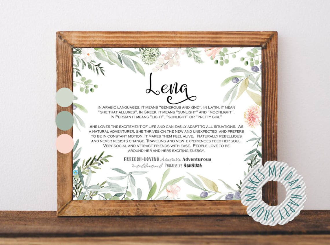Lena Name Meaning Printable Wall Artgreen Leaf Personalized | Etsy