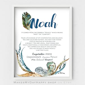 Noah Name Meaning,bohemian Nursery,first Name Wall Art,boho Feather ...