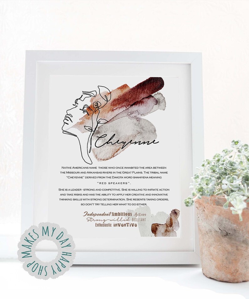 Cheyenne Native American Girl Custom Name Meaning Printable Wall Art ...