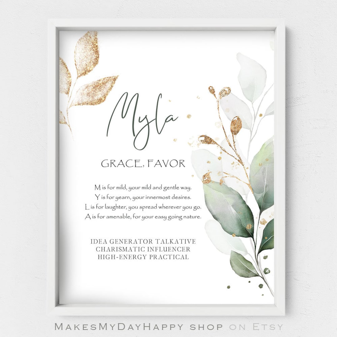 Myla Name Meaning,greenery Wall Art,custom Gift,name Description,first ...